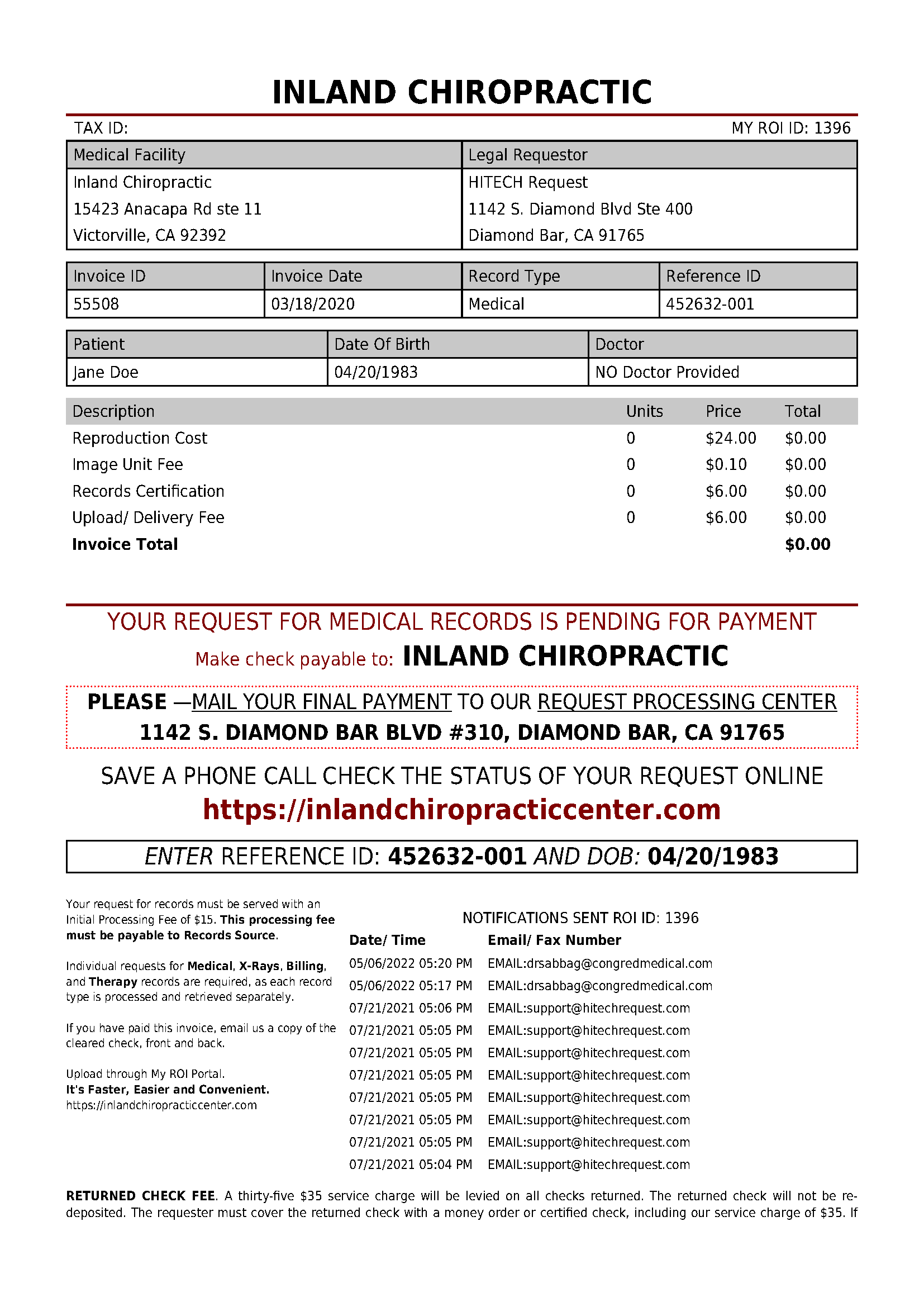 Inland Chiropractic | Records Fees